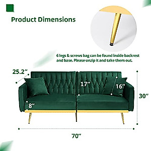 ACMEASE 70” Velvet Futon Sofa Bed w/Adjustable Backrests and Armrests, Convertible Futon Couch with Two Pillows, Modern Tufted Sleeper Bed for Living Room, Bedroom,Green