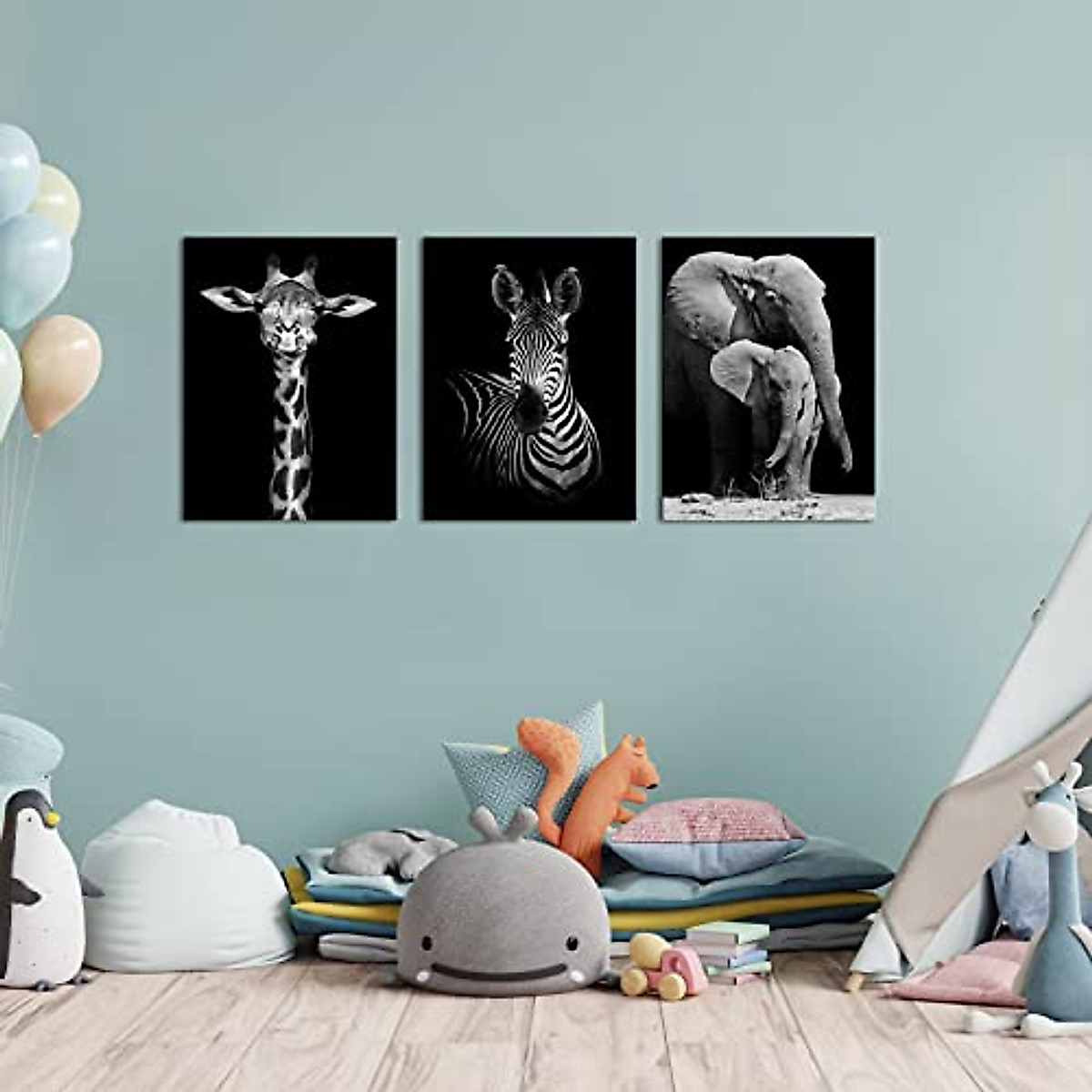 Visual Art Decor Black and White African Wildlife Canvas Wall Art Animal Zebra Giraffe Elephant Portrait Picture Poster Artwork for Home Living Room Bedroom Room Kids Room Office Wall Decoration Ready to Hang