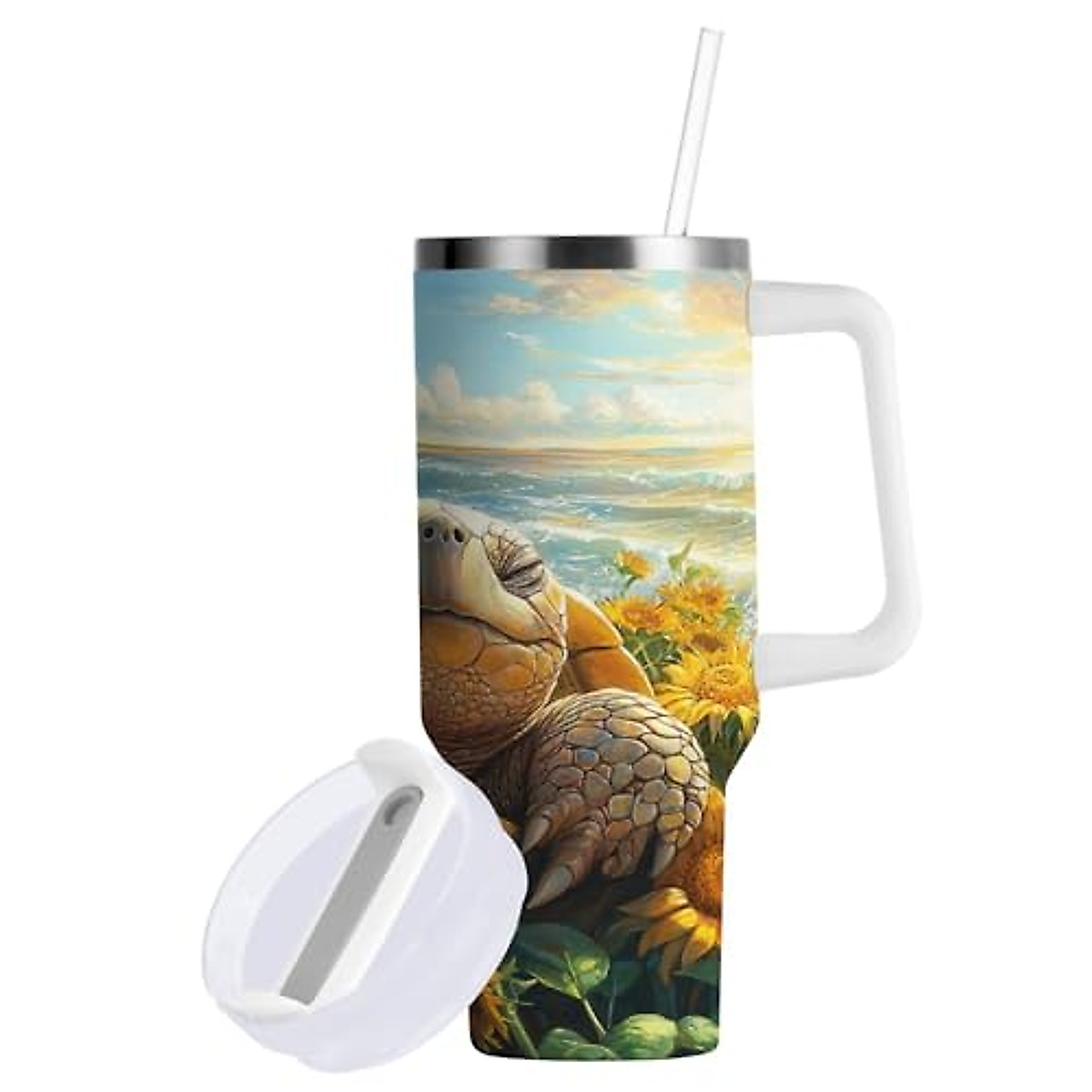 Slewiaeky Tumbler with Handle 40 oz Turtle Ocean Kawaii Travel Mug with Lid and Straw Sunflower Stainless Steel Vacuum Insulated Water Bottle Cup for Iced Tea Coffee Cold Beverages Cup Holder Friendl