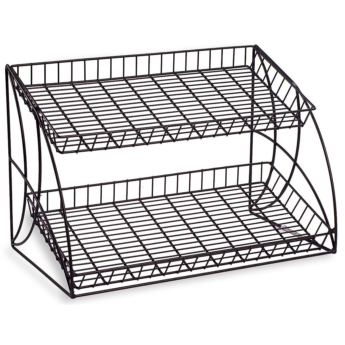 Black Metal Wire Rack with 2 Open Space Shelves for Displaying Merchandise, Angled Back Design, Countertop, (2) Tiered