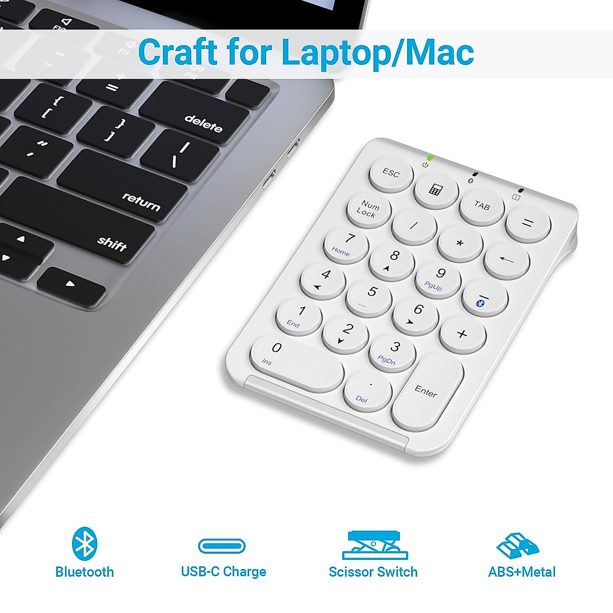 iClever Number Pad, KP08 Bluetooth Number Pad, Ultra Slim and Lightweight, USB-C Charge, Number Pad for Laptop, iPad, Mac, iMac, Tablet, PC Desktop