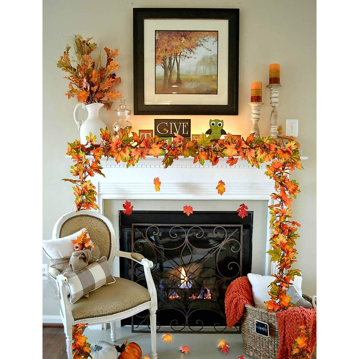 Artiflr 2 Pack Fall Maple Leaf Garland Clearance - 6.5ft/Piece Artificial Foliage Garland Autumn Hanging Fall Leave Vines for Indoor Outdoor Wedding Thanksgiving Dinner Party Decor