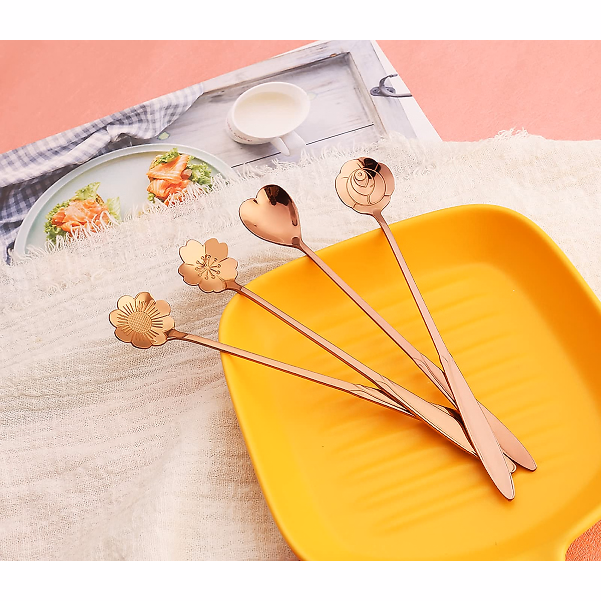 Diaertiny 12Pcs Flower Spoon Long Handle Coffee Dessert Stirring Ice Teaspoons Gold, Rose Gold, Rainbow Cocktail Stainless Steel Spoons for Bar Home Office Party