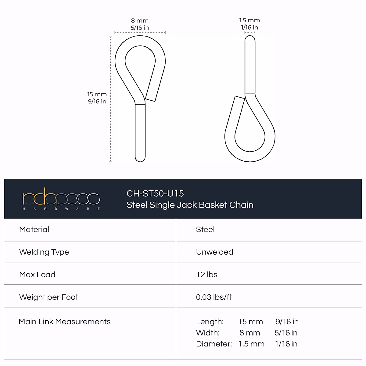 RCH Hardware CH-S50-16-BLK-10 |14 Gauge Decorative Solid Steel Single Jack Fixture Chain | 10 Foot Increments | Black Finish