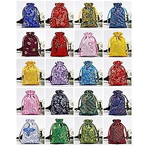 Tloml WU 20 Pcs Silk Brocade Drawstring Jewelry Bag Gift Pouch Value Set for Wedding Party Favors, Drawstring Coin Purse Embroidered Sachet Candy Chocolate Bag for Christmas New Year Birthday Party (4x5.5 inch)