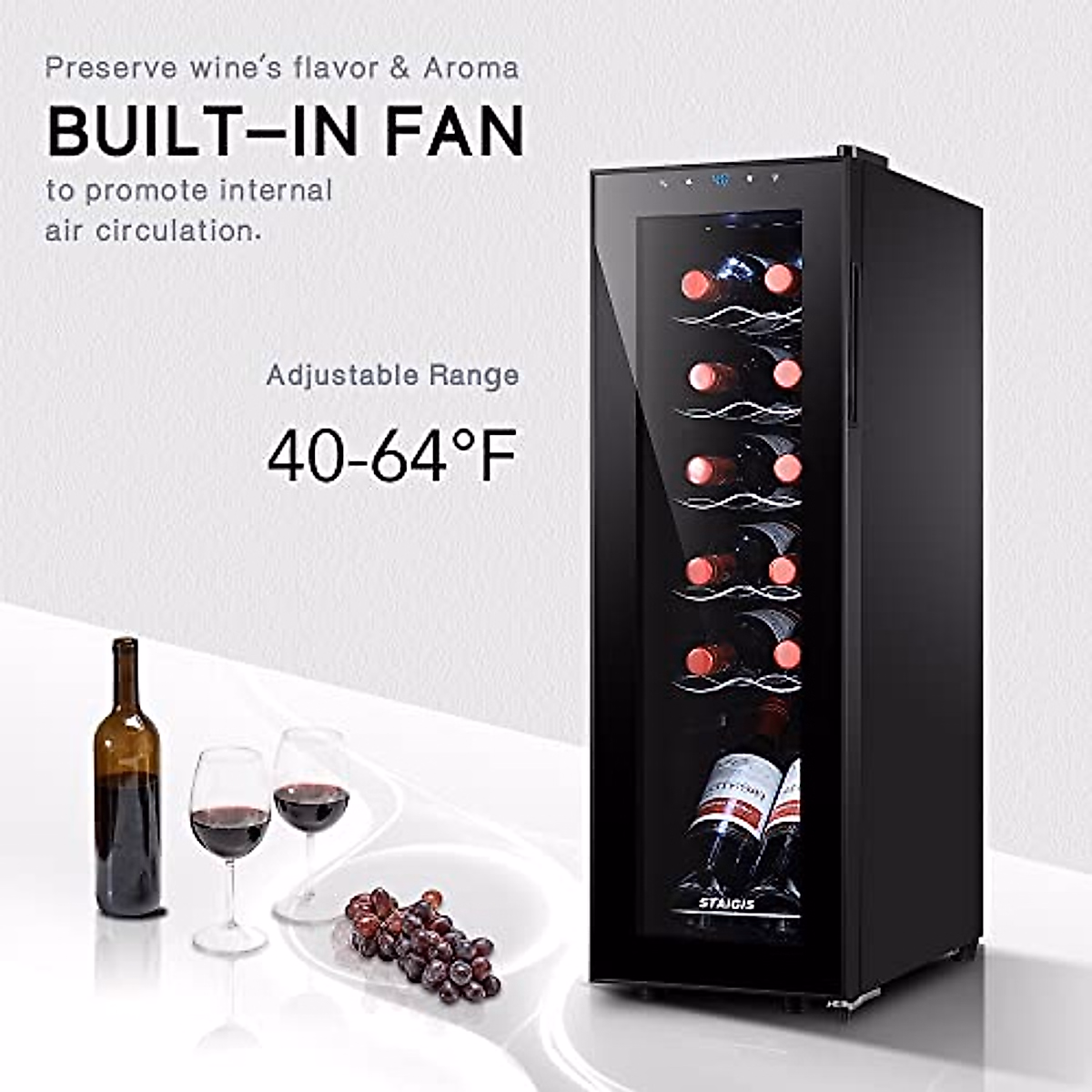 STAIGIS 12 Bottle Compressor Wine Cooler Refrigerator, Small Freestanding Wine Fridge for Red, White and Champagne, Mini Fridge with 40-66F Digital Temperature Control Glass Door