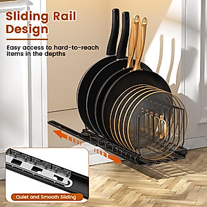 Housolution Pull Out Pot and Pan Organizer Rack for Under Cabinet, Slide Out Pot Lid Organizer Holder with 10 Adjustable Dividers, Sliding Pot and Pan Storage Organizer Inside Cabinet, Black