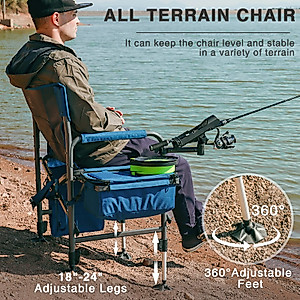 EVER ADVANCED Fishing Chair with Rod Holder and Cooler, All Terrain Ice Fishing Chair with Adjustable Feet, Mesh Back Folding Camping Chair with Shoulder Strap, Heavy Duty Supports 350LBS