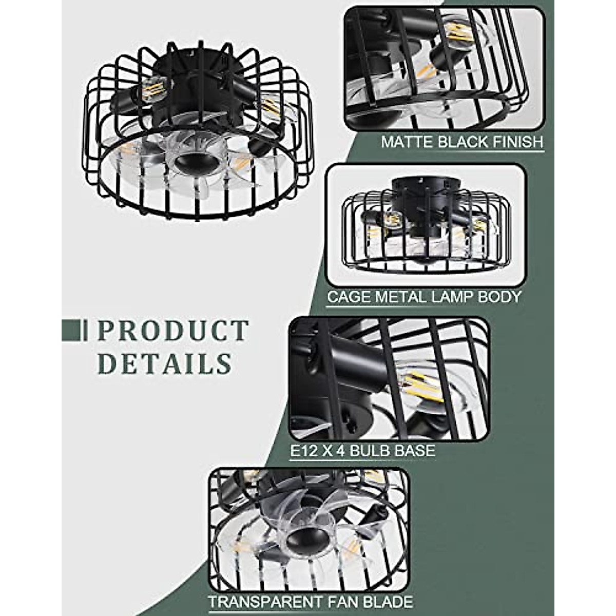 MIAOMEIO 13'' Low Profile Small Flush Mount Farmhouse Industrial Caged Ceiling Fan with Lights, 6 Speed Bladeless Black Ceiling Fan with Remote Control for Living Room, Bedroom, Kitchen (Black)