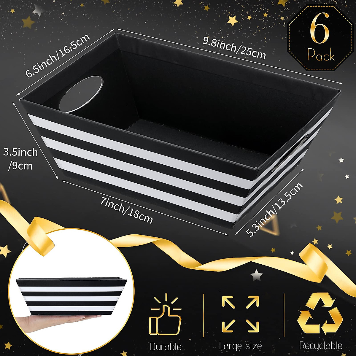 Mimorou 6 Pack Christmas Baskets for Gifts Empty Gift Basket Kit Includes 6 Empty Gift Baskets 6 Clear Gift Bags for Baskets and 10 Pull Bows Gift Packages for Christmas Birthday Party(Black, White)