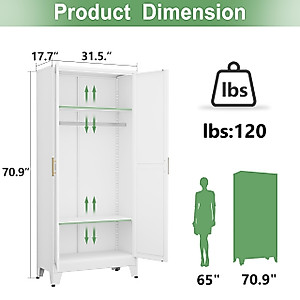 70.9" H Metal Armoire Wardrobe Closet, Adjustable Shelve, Clothes Drying Pole, Steel Wardrobe Cabinet for Bedroom (White)