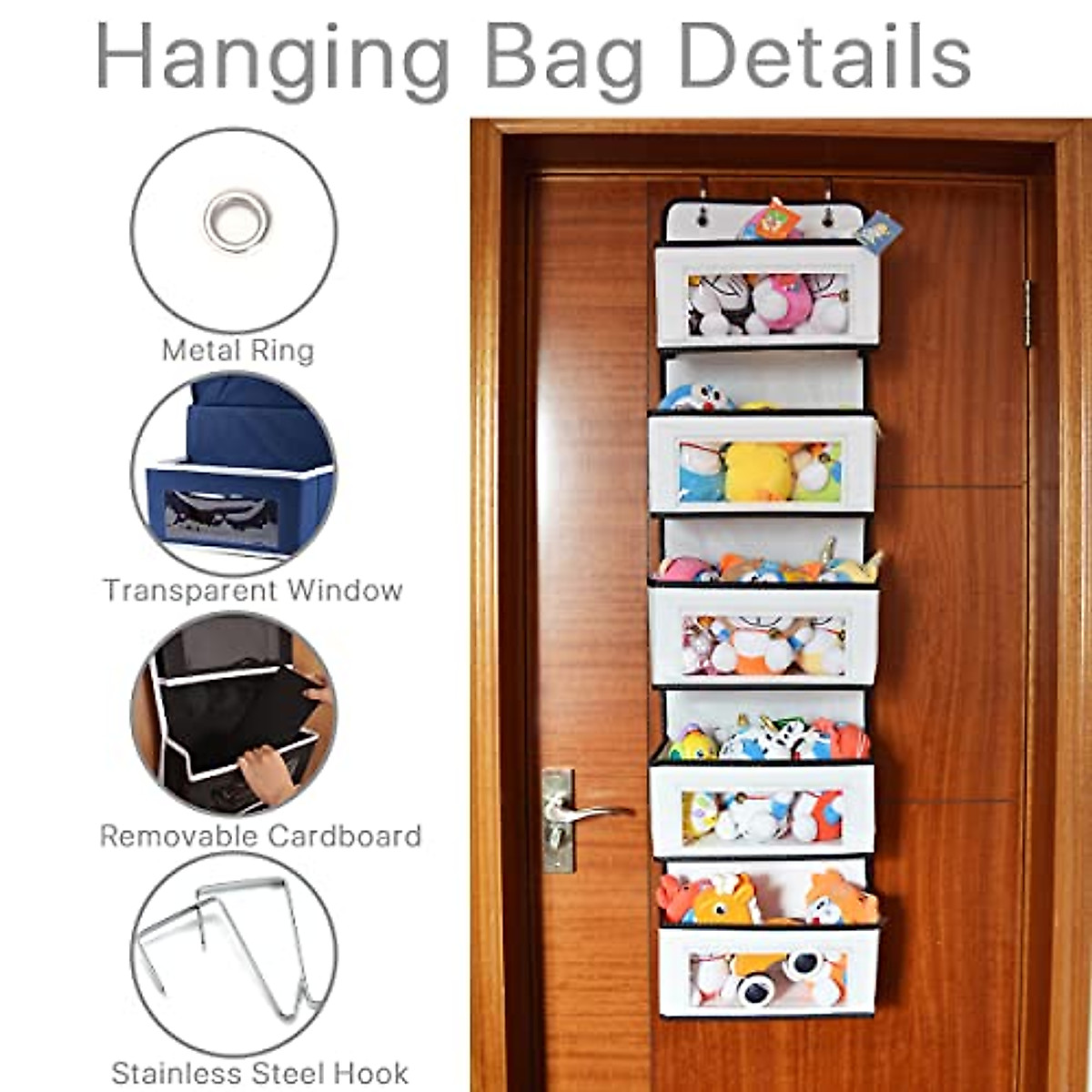 5-Shelf Over Door Hanging Organizer Storage,5 Large Pockets with Clear Windows，2 Metal Rings for Large Hanging Weight for Nursery, Diapers, Closet,Room,Dorm(White)