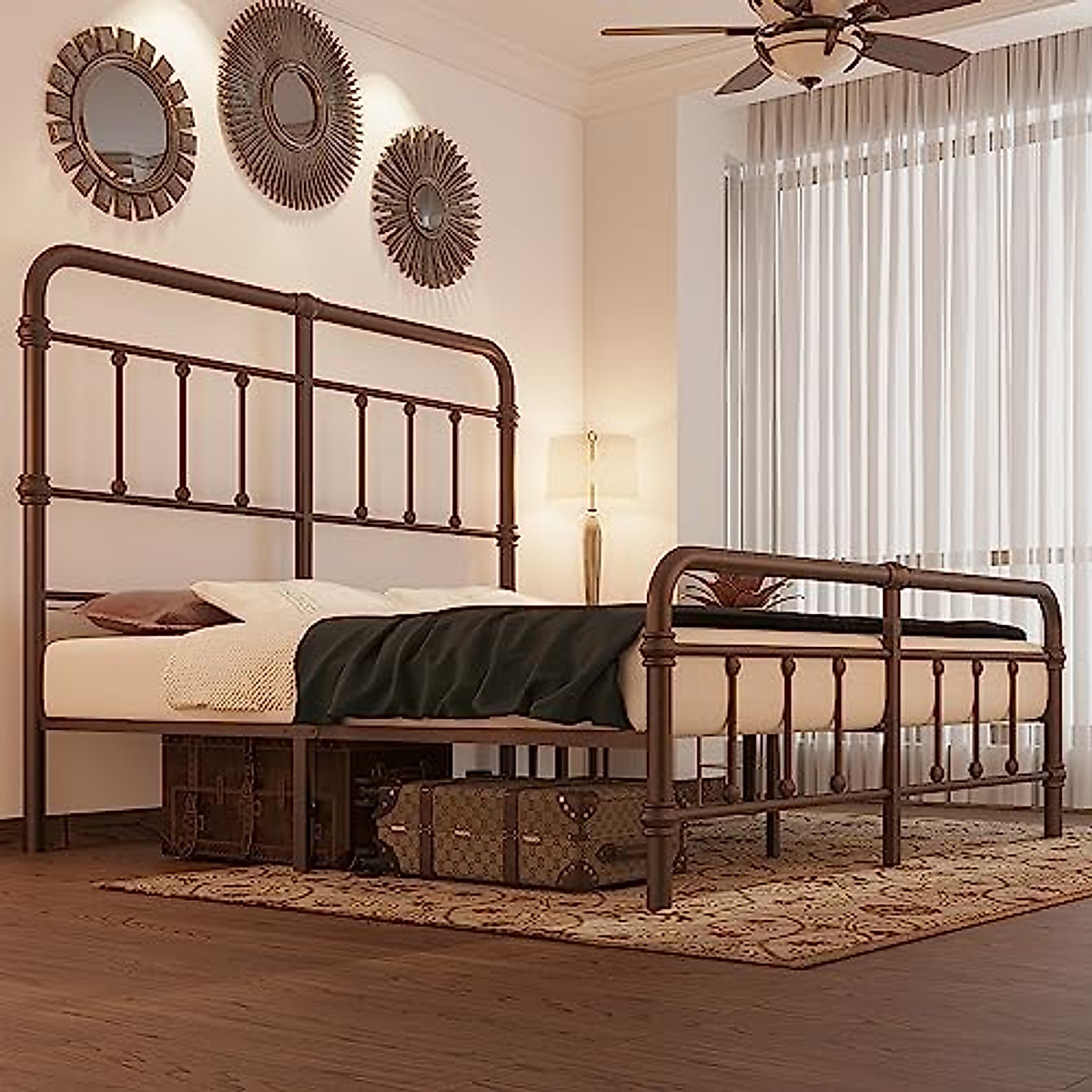 Geltanny California-King-Bed-Frame-Vintage-Farmhouse 49 inch Tall-headboard-Iron - Platform Mattress Foundation,No Box Spring Needed (Dark Bronze)