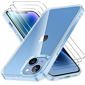 Huness [4 in 1 Designed for iPhone 14 Case/iPhone 13 Case, with 3 Pack Tempered Glass Screen Protector [Non-Yellowing ] [Military Drop Protection] Shockproof Slim Fit 6.1 Inch, Clear