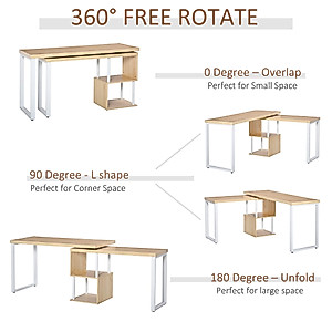 HOMCOM 55" 360 Degree Rotating Corner L-Shaped Computer Desk with Storage Shelves, Home Office Study Writing Workstation Modern Space-Saving Design, Oak