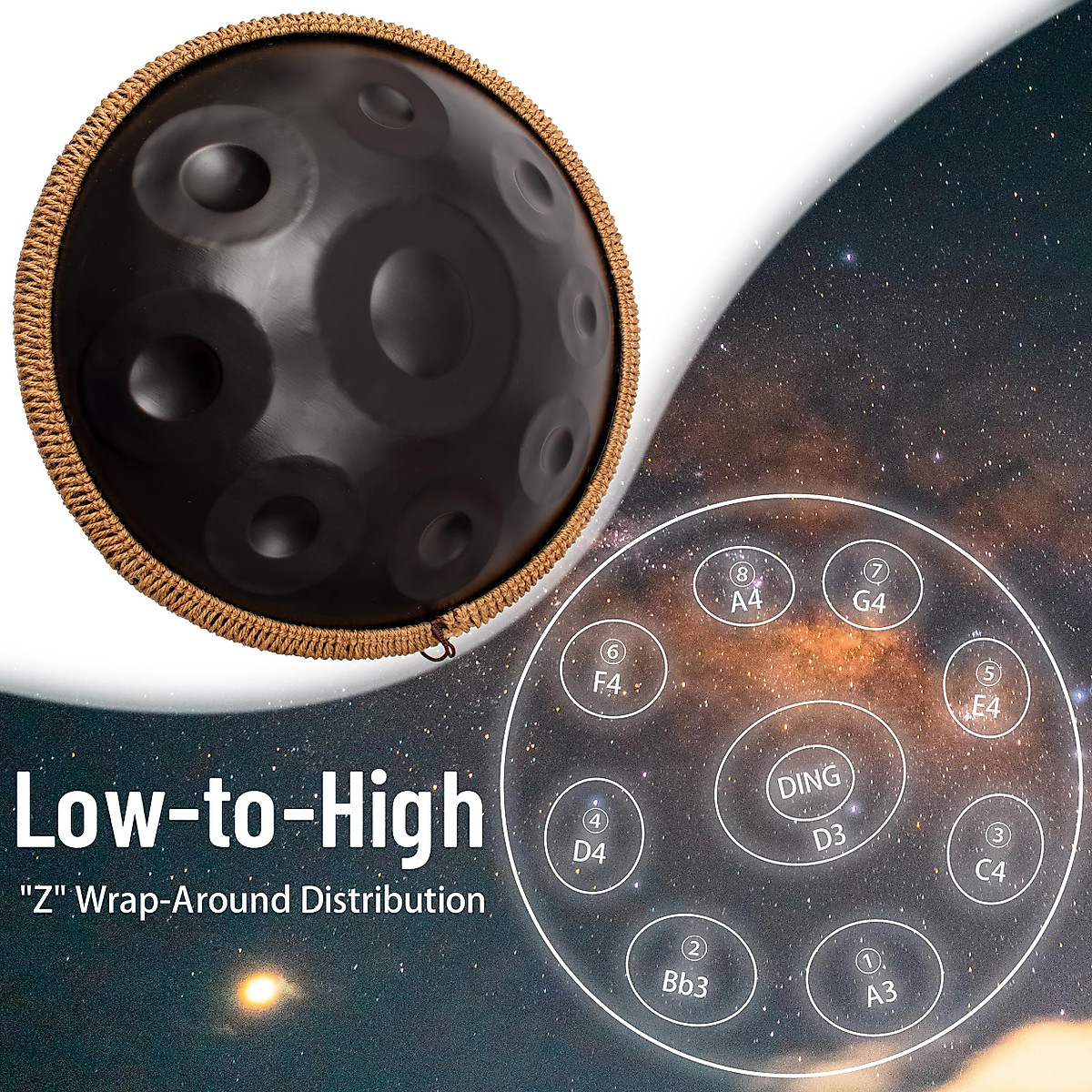 LOMUTY Handpan 22 inch D Minor Kurd Handpan 9 Notes Handpan Drum Instrument for Professional Performance, 440HZ Sound Handpan Drums for Adults (Black)