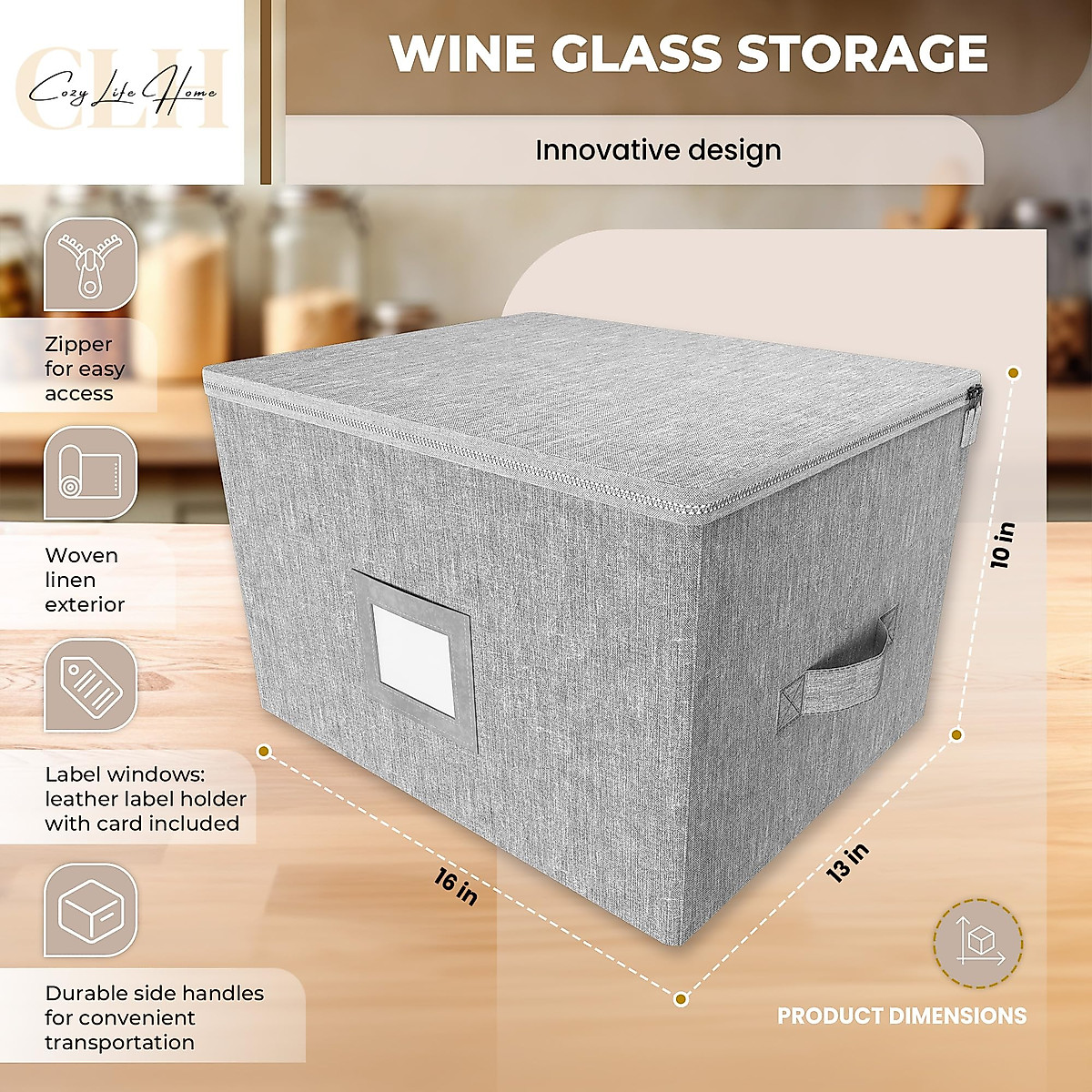 CLH Wine Glass Storage and 12 Foam Pouches, China Storage Containers, Hard Case with Dividers, Moving boxes for Glasses Kitchen storage, Stemware Storage Containers, Stackable