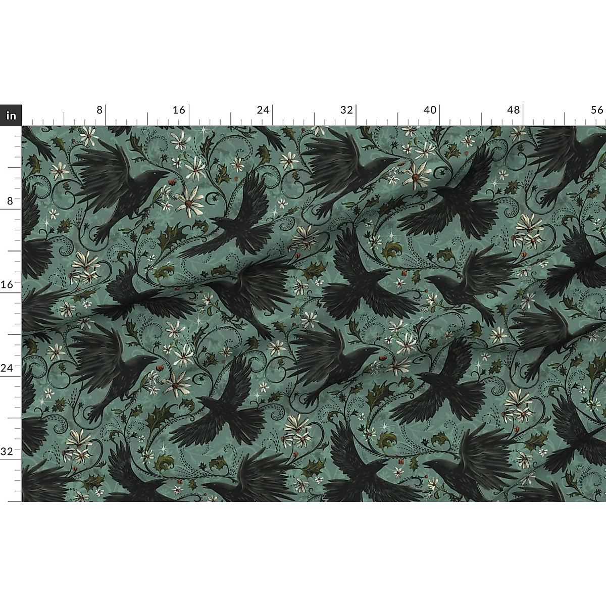 Spoonflower Fabric - Gothic Ravens Autumn Floral Halloween Bohemian Magic Dark Moody Corvid Printed on Denim Fabric by The Yard - Bottomweight Apparel Home Decor Upholstery