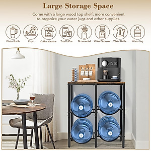 VINAEMO 5 Gallon Water Jug Holder, 3-tier Water Jug Stand with Extended Wood Tabletop Shelf, 4 Slots 5 Gal Water Bottle Holder Storage Rack with Water Dispenser Stand for Home,Office,Garage Organizer