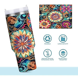 Jihqo Colorful Oriental Textile Tile 40 oz Stainless Steel Vacuum Insulated Tumbler with Handle and Straw Lid, Leakproof Water Bottle Double Wall Travel Mug Coffee Cup, Cupholder Friendly