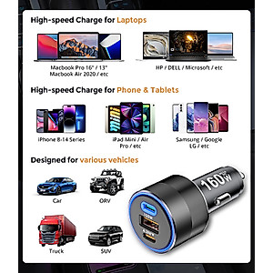 160W USB C Car Charger Fast Charging Cigarette Lighter PD3.0 100W PPS 45W QC5 30W Type C Car Charger for MacBook Pro Air Laptop iPad iPhone 14 13 12 Pro Samsung S23 S22 (with 100W USB C Cable)