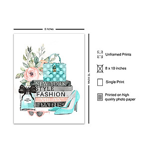 Blue High Fashion Wall Art - Designer Handbag, Purses, Shoes, Perfume - Glam Wall Decor - Luxury Gift for Women - Cute Bathroom decoration Teens Room, Girl Bedroom - Boho-chic Shabby chic Poster