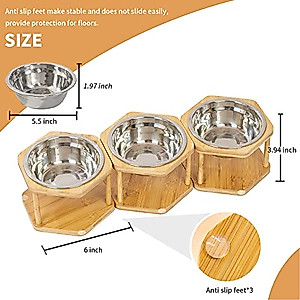 Lusifaco Set of 3 Single Elevated Cat Bowls, Stainless Steel Raised Cat Food Water Bowl with Bamboo Stand, Pet Dishes Stand Feeder with Anti Slip Feet for Cats and Small Dogs, 13 oz(Stainless Steel)