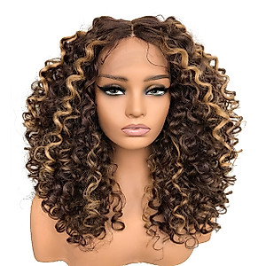MITIMTES 16inch P4/27 Omber Honey Blonde Highlight HD Glueless Curly Lace Front Wig Pre Plucked with Babyhair Human Hair Blend Synthetic Short Curly Frontal Wig for Black Women
