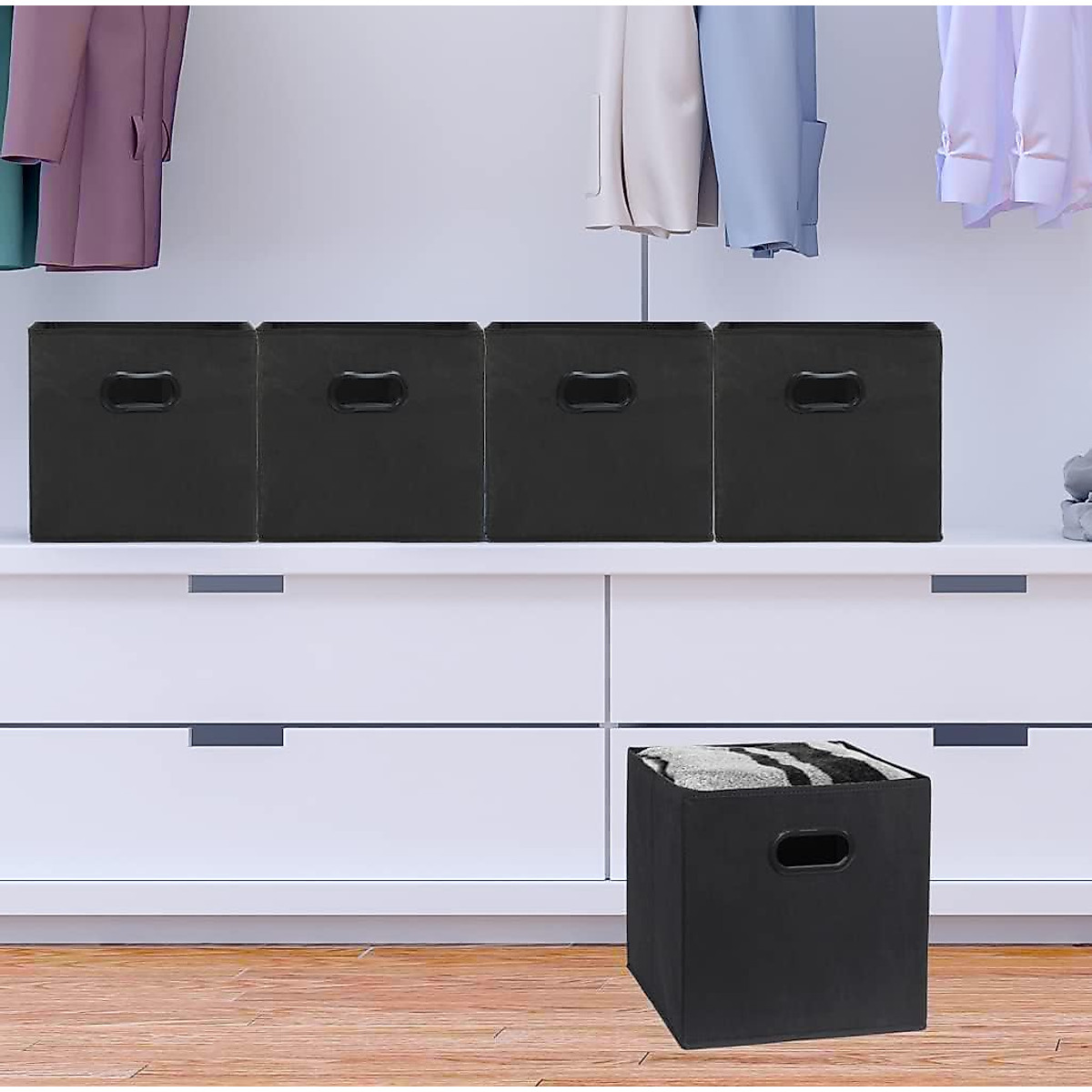 11 Inch Fabric Storage Bins Cubes Sturdy Collapsible Storage Bins & Handle 6 Foldable Baskets for Organizing Clothes Books closet organizer and storage Fabric Storage Cubes for Shelves,Closets Black