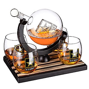 Army Globe Whiskey Decanter Set & 4 Liquor Glasses - US Army Whisky Decanter & Glass Set with Wood Base and 9 Whiskey Stones - Army Gifts for Men - Bourbon and Scotch Decanter – Military Veteran Gifts