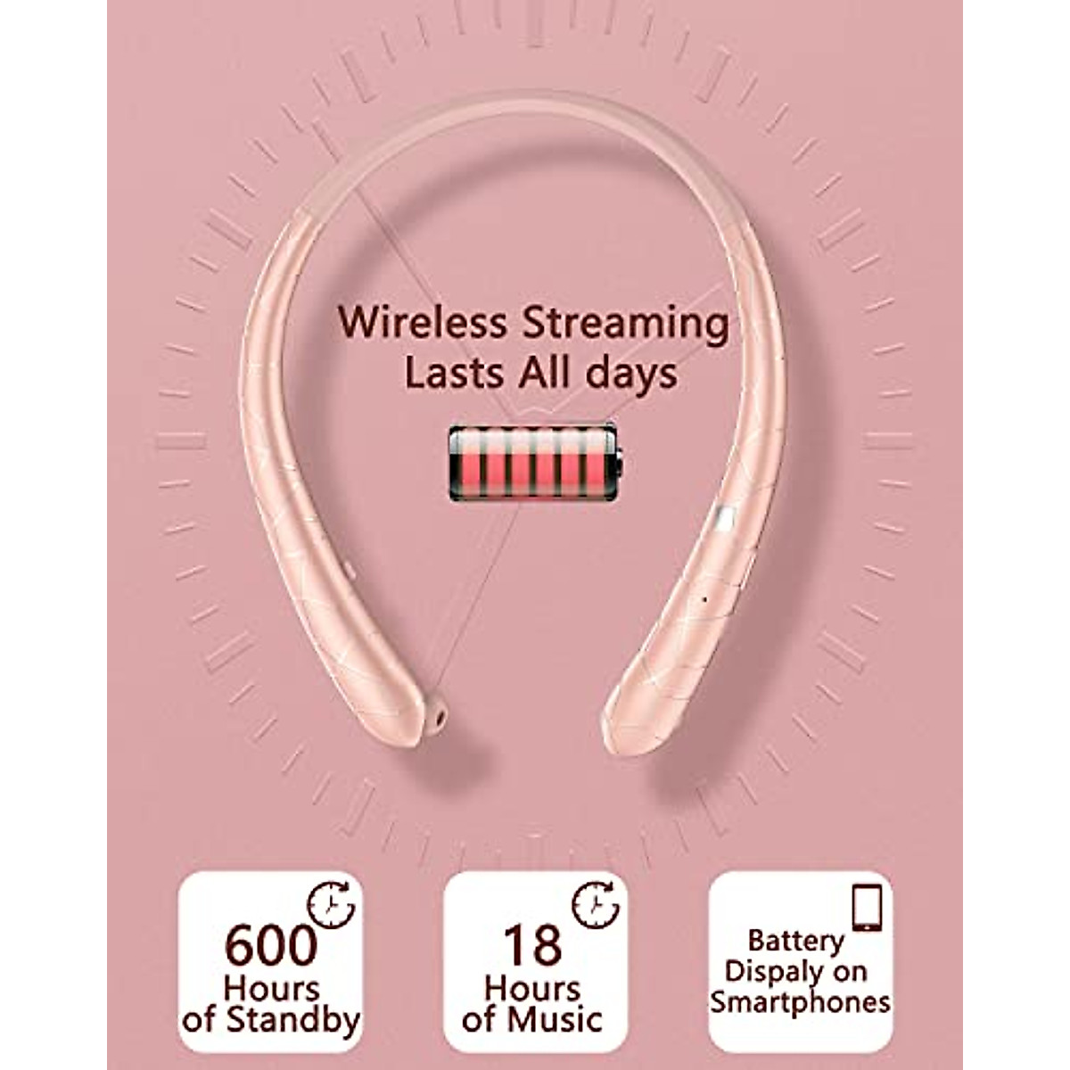Bluetooth Headphones, Wireless Neckband Headset with Retractable Earbuds, Stereo Earphones w/Noise Canceling Mic for Conferences, Work Out, Travel, Compatible with Android iPhone (Rose Gold)