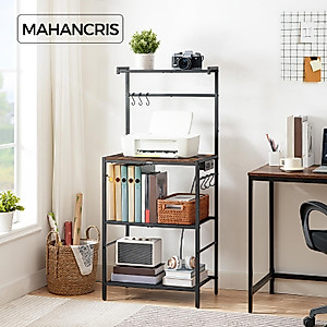 MAHANCRIS Bakers Rack with Charging Station, Microwave Stand with 6 S-Shaped Hooks, 4-Tier Storage Rack, Practical Coffee Bar, for Kitchen, Dining Room, Rustic Brown BRHR35E01