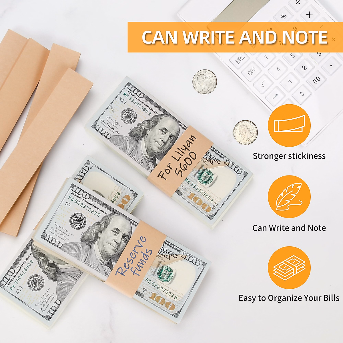 Money Bands 550 Pack Blank Natural Kraft Brown Cash Bands Self Adhesive Currency Straps for Bill Wrappers Cash Organizer