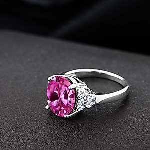 Gem Stone King 925 Sterling Silver Pink Created Sapphire Ring For Women (6.30 Cttw, Oval 12X10MM, Available 5,6,7,8,9) (Size 6)