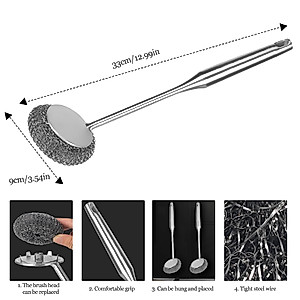Generic Stainless Steel Long-Handled Steel Wool Brush, Grill Brush Bristle Free with Replaceable Brush Heads,Metal Scrubbers for Cleaning Dishes，Dish Scrubber with Handle