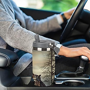 BWQJKUO Large Capacity Car Cup 30 Oz Stainless Steel Owl Sitting Tree Fence Printed Travel Mug Leak-proof Flip Straw Tumbler with Handle,keeps Cold Or Ho
