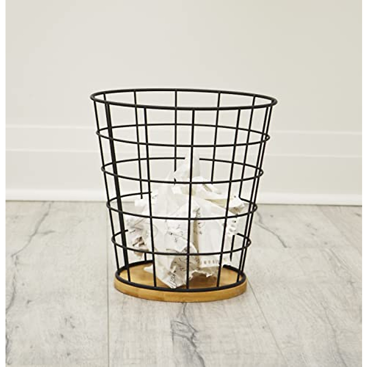 AQ Round Metal Trash Can, Small Open Top Waste Bin for Office, Bedroom or Bathroom, Wire & Wood Design - Matte Black & Bamboo