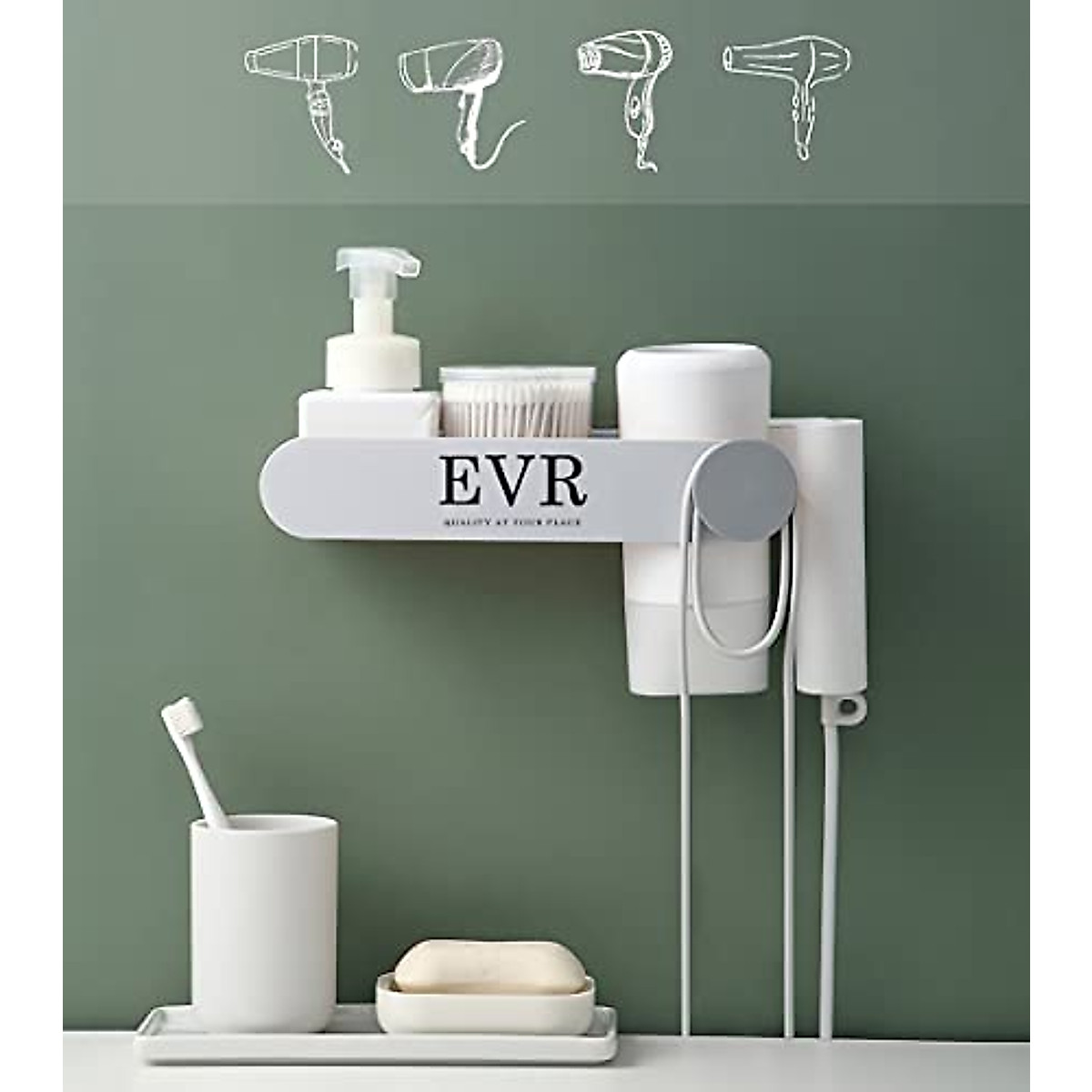 Mini Plastic Bathroom Storage Shelf Wall-Mounted Hairdryer Holder Rack, White (MA4025)