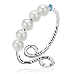 Vito Sterling Silver Fidget Anxiety Ring for Women, Adjustable Open Spinner Ring with Rotatable 5 Pearl Beads, Stacking Pressure Band Ring Jewellery Gift for Stressed Adult Women Men
