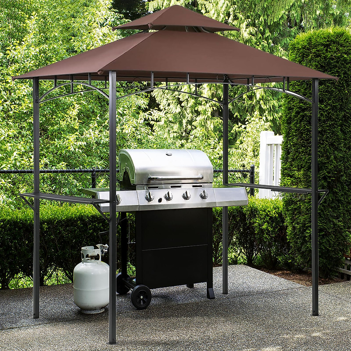 8'×5' Grill Gazebo, Outdoor BBQ Gazebo with Double Tier Canopy Roof, Barbeque Gazebo with 2 Shelves