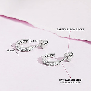 925 Sterling Silver Clear Cubic Zirconia Small Half Hoop Screw Back Earrings for Teens and Women - Classic and Elegant Safety Screw Back Earrings Wear for All Occasion