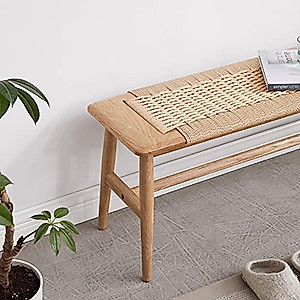 Tennozu Woven Bench, 32" L FAS Grade 100% Solid Oak Wood Dining Room Bench w/Rustic, Hand Woven Design, Firm Mortise & Tenon Structure, Long Bench for Dining Room/Entryway/Bedroom, White (Beige)