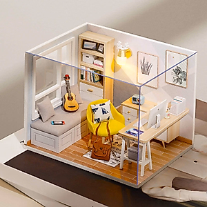 piberagi DIY Miniature Dollhouse Kit, 1:32 Scale Creative Room Mini Wooden Doll House with Furniture Plus Dust Proof for Kids Teens Adults(Study Room)