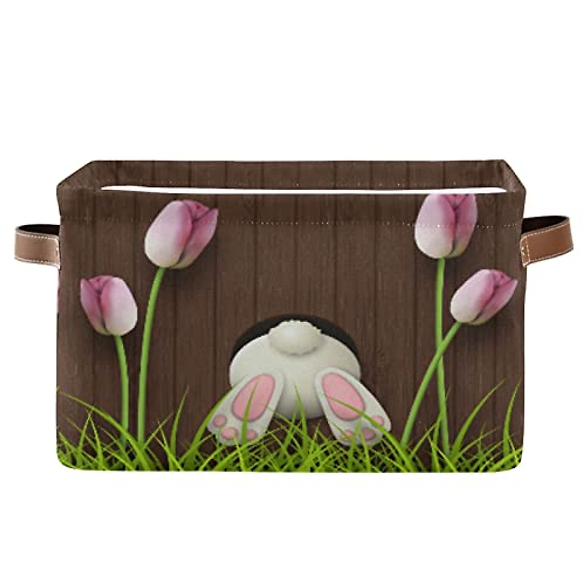 senya Easter Basket, Easter Bunny Pink Tulips Foldable Fabric Collapsible Storage Bins Organizer Bag for Storage Clothes