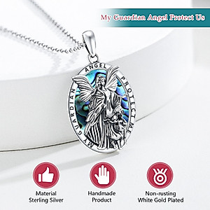Brisskaari Blue Opal/Abalone Shell Guardian Angel Necklace 925 Sterling Silver Oval Guardian Angel Medal Pendant Religious Angel Medallion Catholic Jewelry Gift for Men Women (Green)