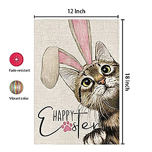 CROWNED BEAUTY Happy Easter Garden Flag 12×18 Inch Double Sided Cat with Rabbit Ear Outside Vertical Holiday Yard Flag