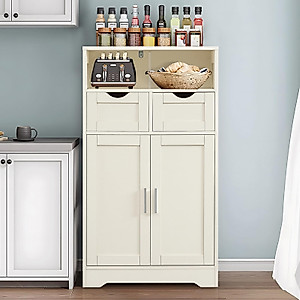 Iwell Tall Storage Cabinet, Bathroom Cabinet with 2 Drawers & 2 Adjustable Shelves, Bathroom Floor Cabinet for Living Room, Home Office, Soft White