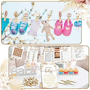 Patelai 321 Pcs Baby Shower Games Supplies, 5 Sets (50 Cards Each) Activities Cards with 20 Pencils 1 Don't Say Baby Sign 50 Clothespin(Boho Pampas Grass)