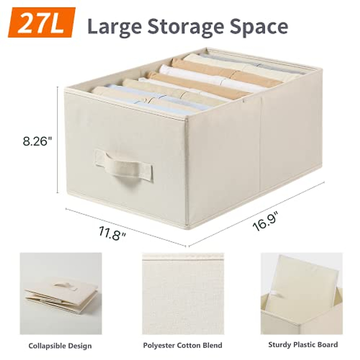 Large Fabric Storage Bins for SheIves, 16.9"D x 11.8"W x 8.26"H Odorless & Sturdy Closet Bins, Collapsible Cotton Linen Bins for Organizing Clothes, Toys, Books - 3 Pack, Beige