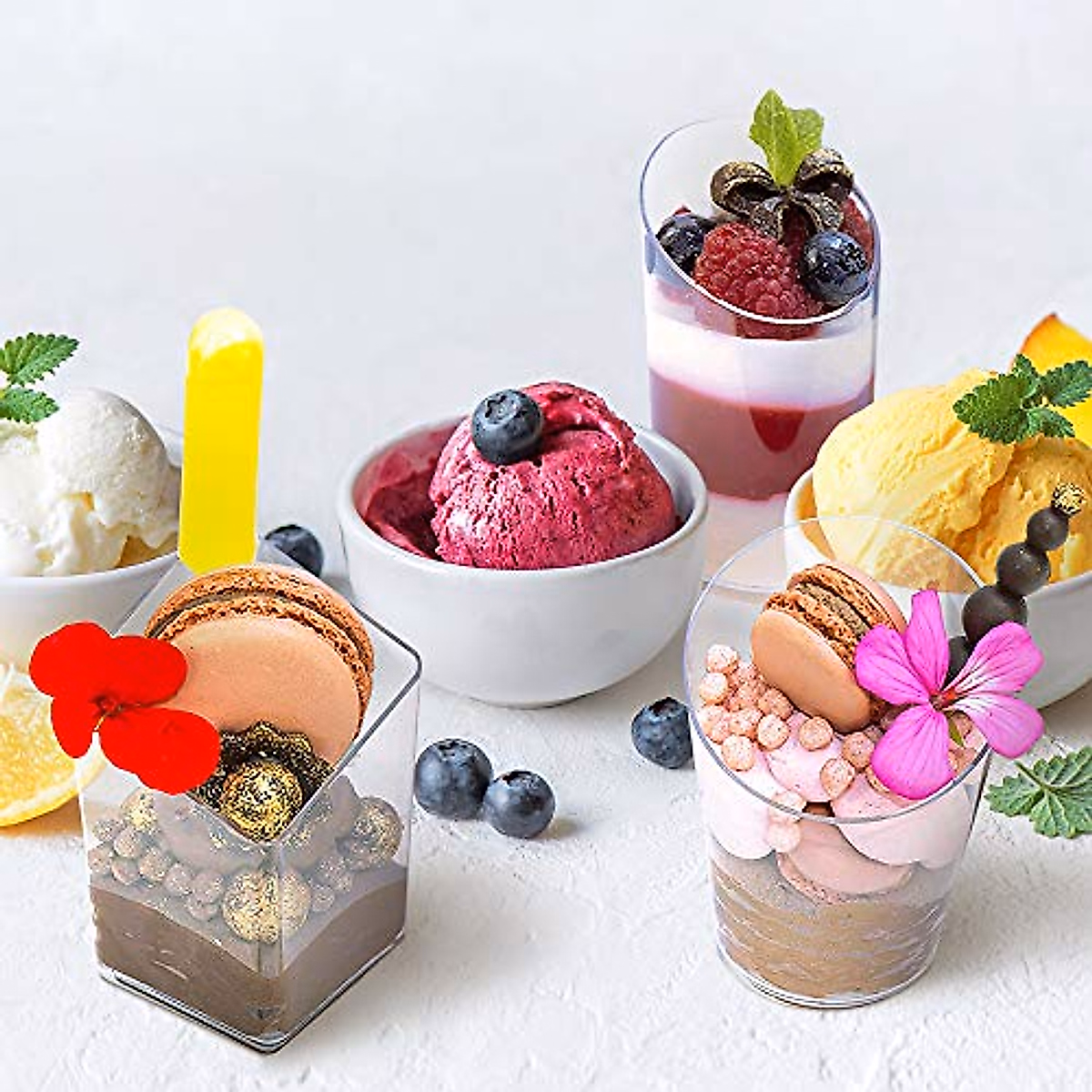 Open Cut Slanted Round Dessert Cups - 3 ounce - 40 Count - Spoons Included - Clear Plastic - Slanted Cylinder Mini Dessert Cup - Appetizer Cup - Tasting Glass-Sample Shot Glass -Disposable or Reusable